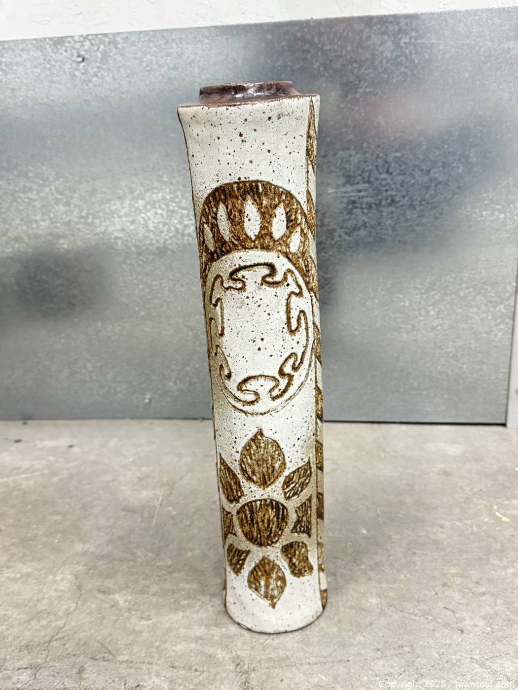 Handmade Stoneware Bud Vase, Incised Floral & Chevron Motifs | Maxsold