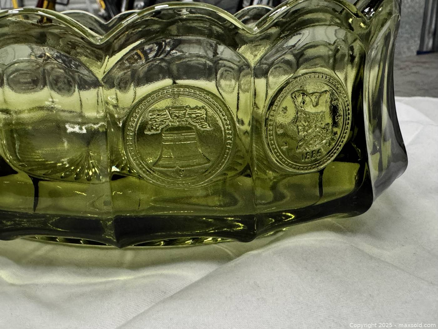 Imperial Glass Coin olive green footed compote | Maxsold