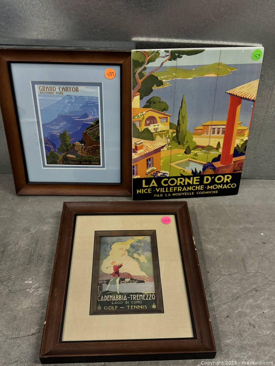 Framed travel poster prints and wood panel art, 3 pieces | Maxsold