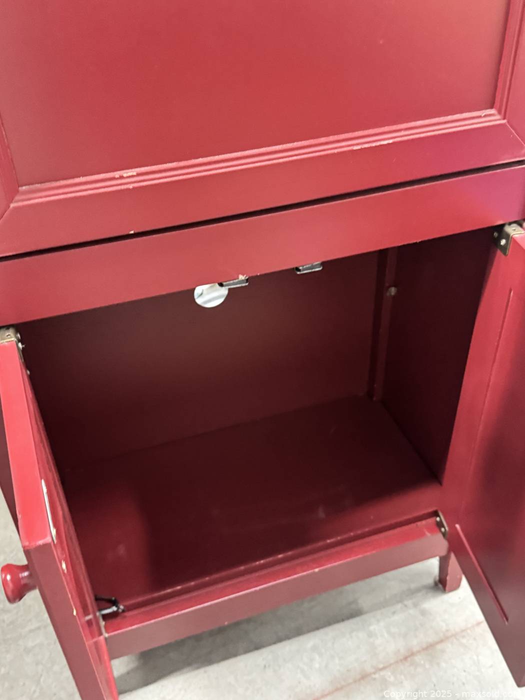 Small red solid wood accent cabinet drop-front double doors | Maxsold