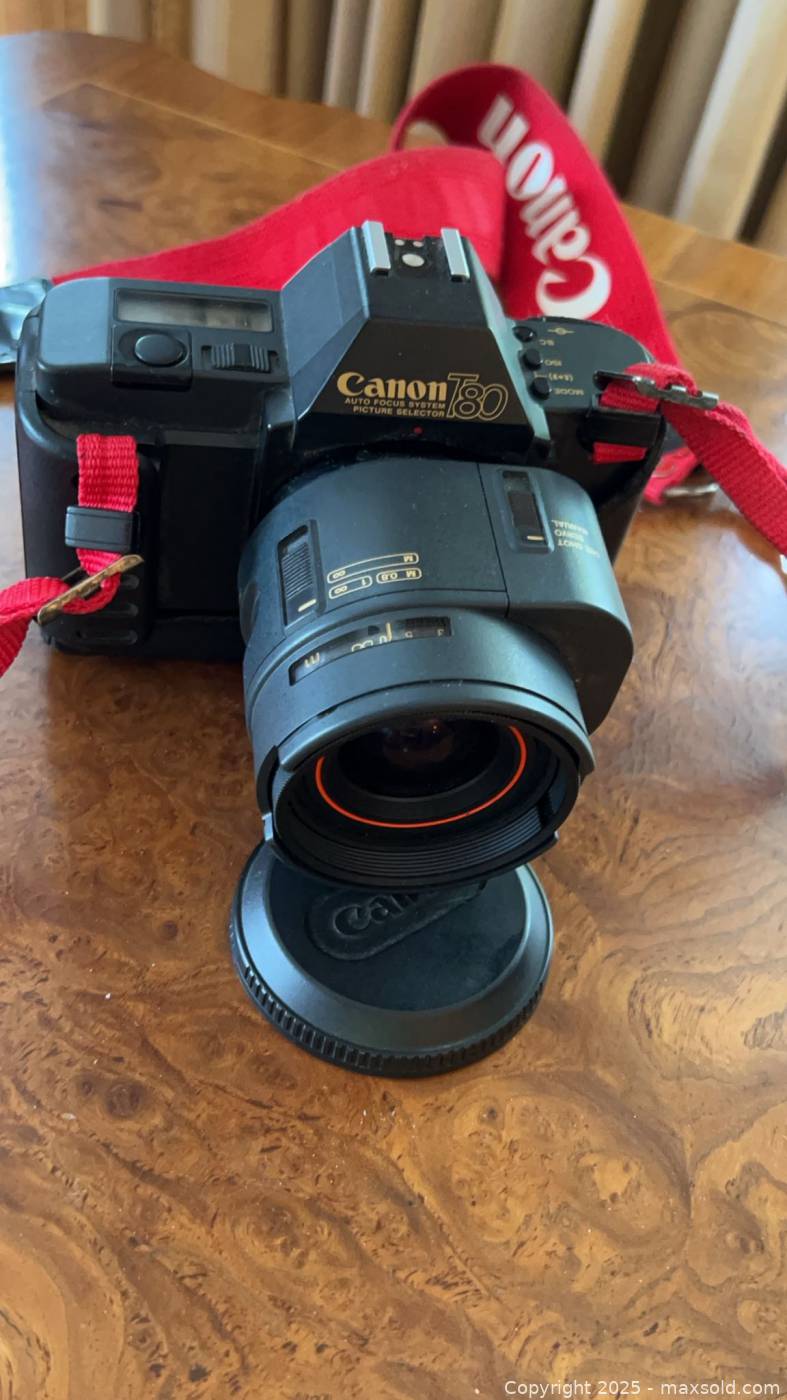 Canon T80 SLR camera, two FD lenses, Speedlite 277T, filter, Optex bag ...