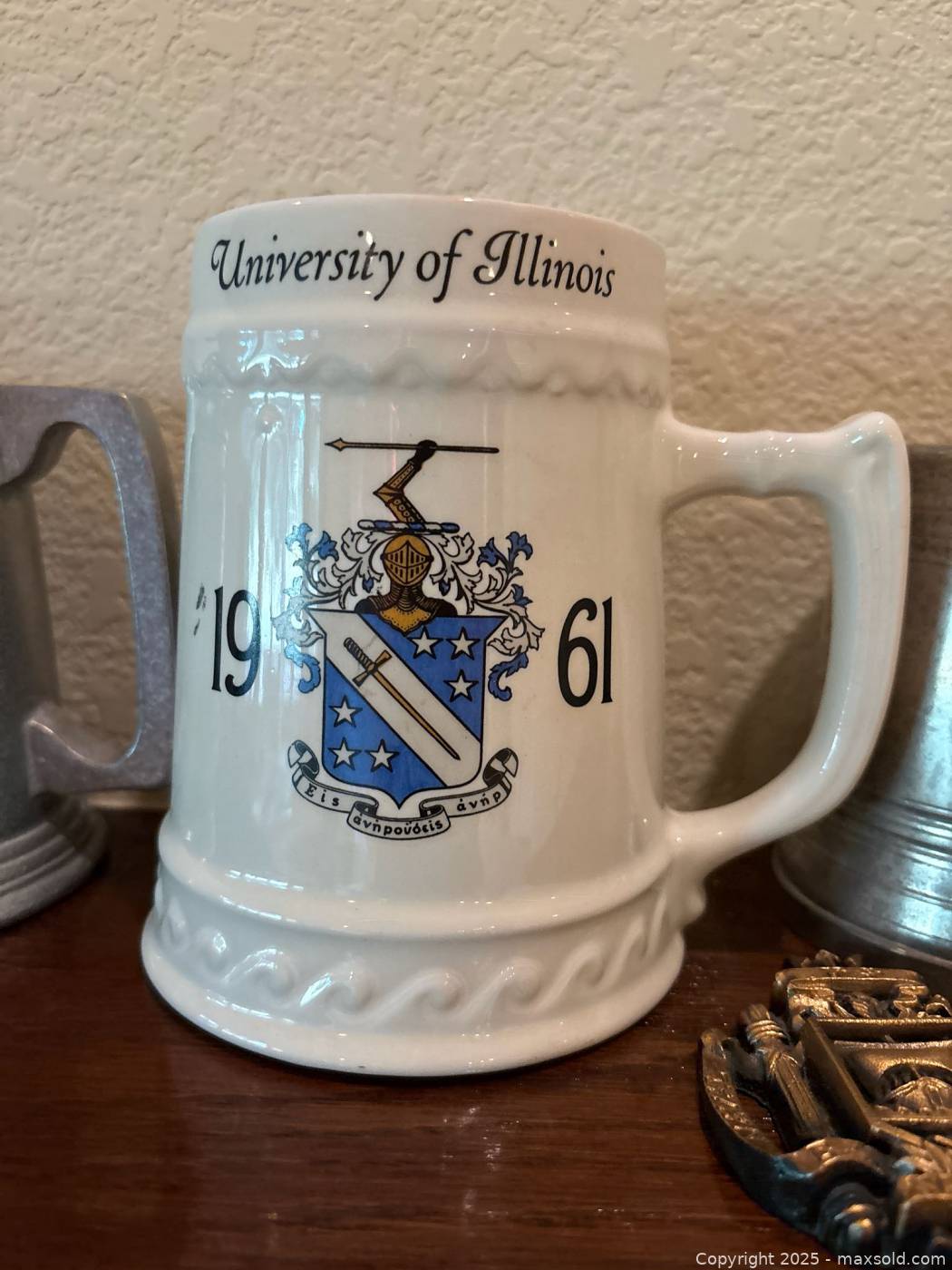 Vintage brass candlesticks, pewter tankards and University of Illinois ...