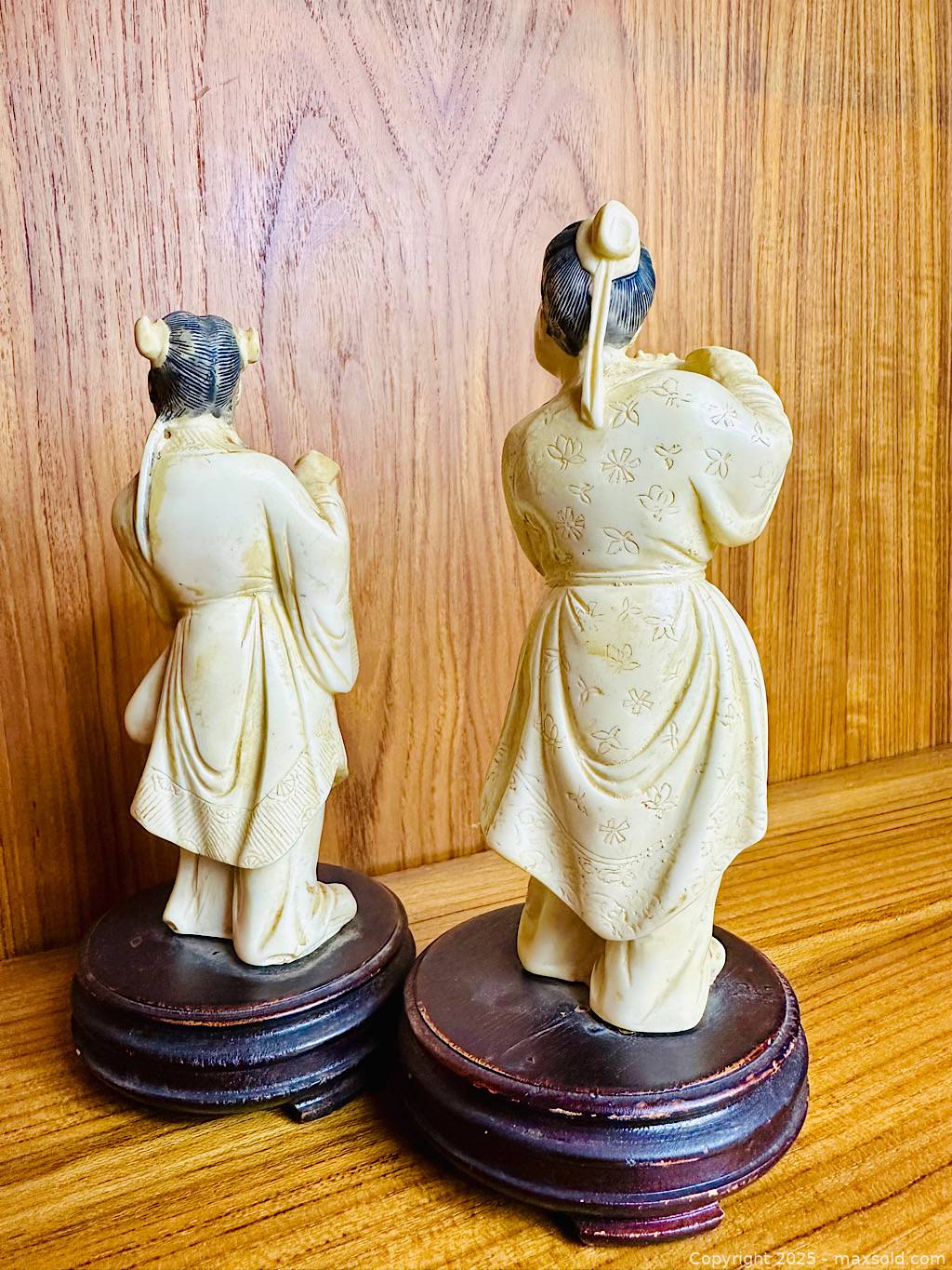 Pair Chinese resin musician figurines on wood stands | Maxsold