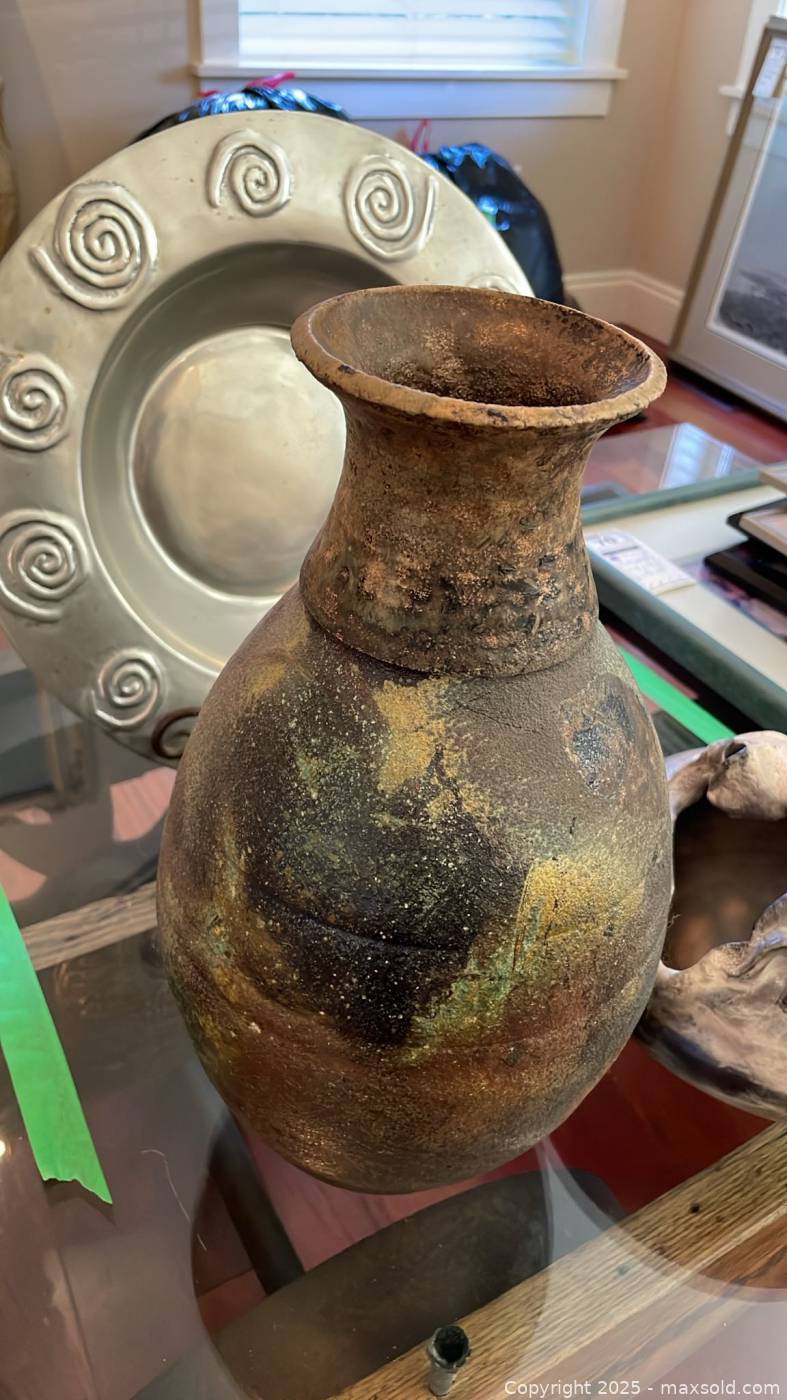 Metal charger and two studio pottery vessels | Maxsold