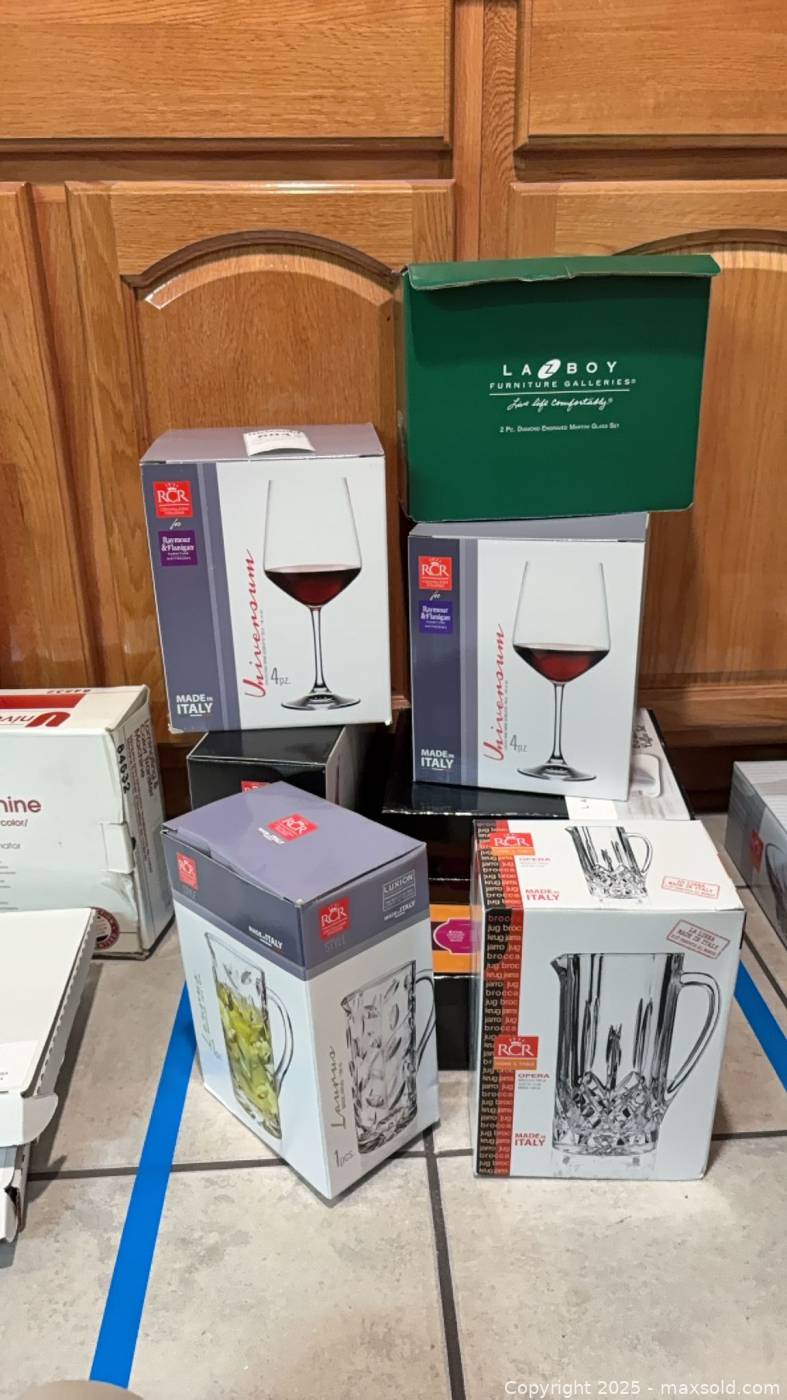 RCR boxed crystal stemware, pitcher, mug, coffee set | Maxsold