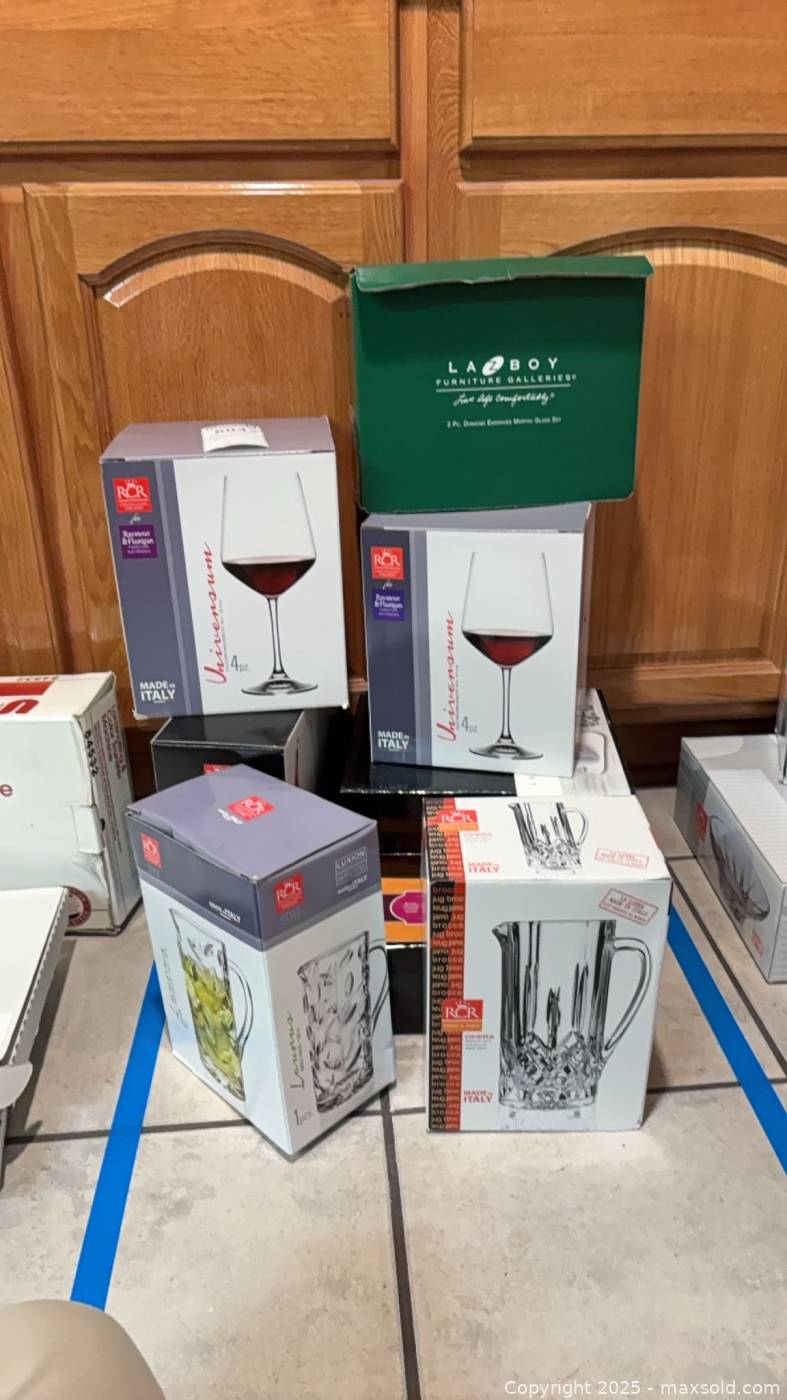 RCR boxed crystal stemware, pitcher, mug, coffee set | Maxsold