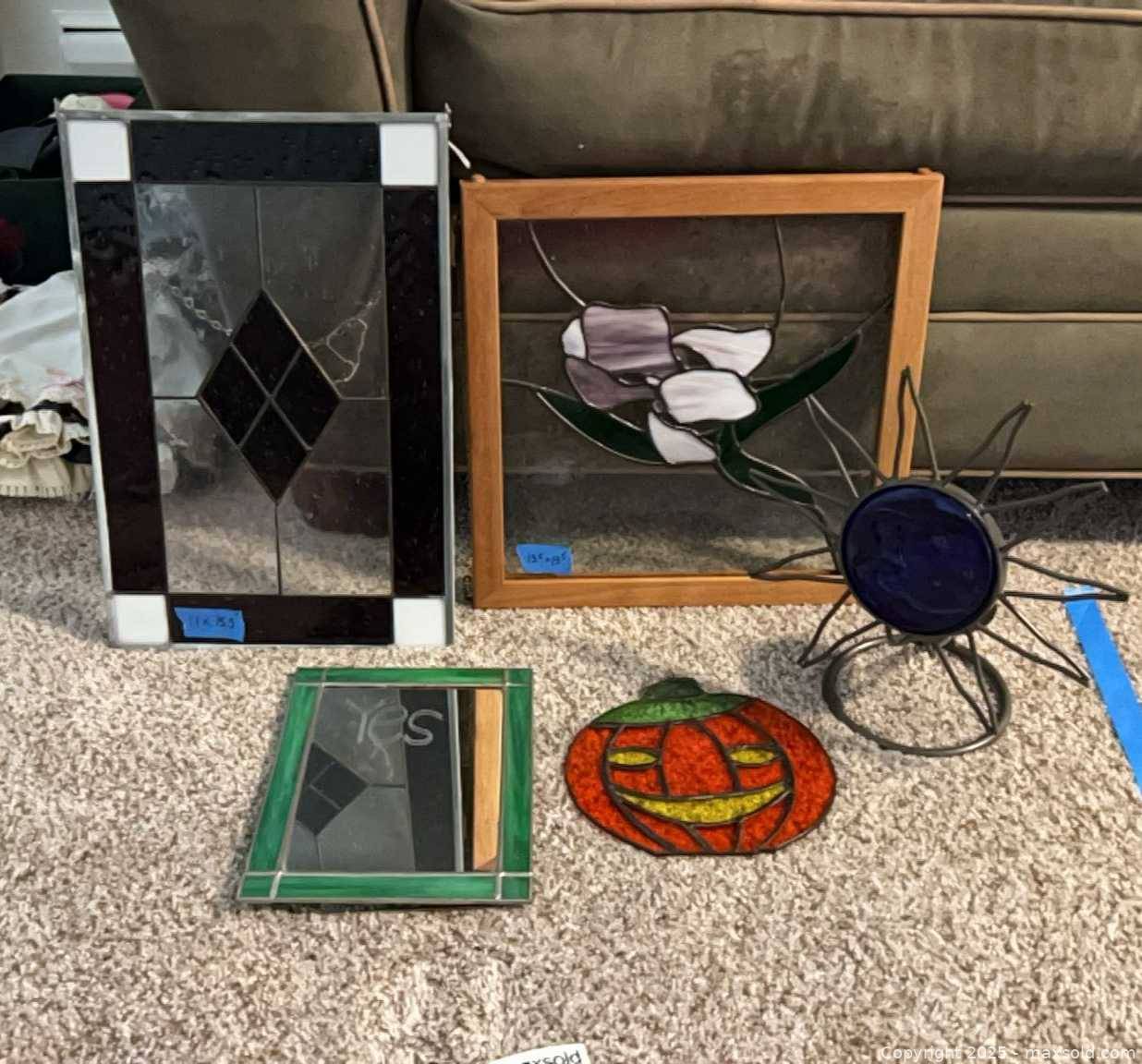 Stained glass panels, mirror, pumpkin, candle stand | Maxsold