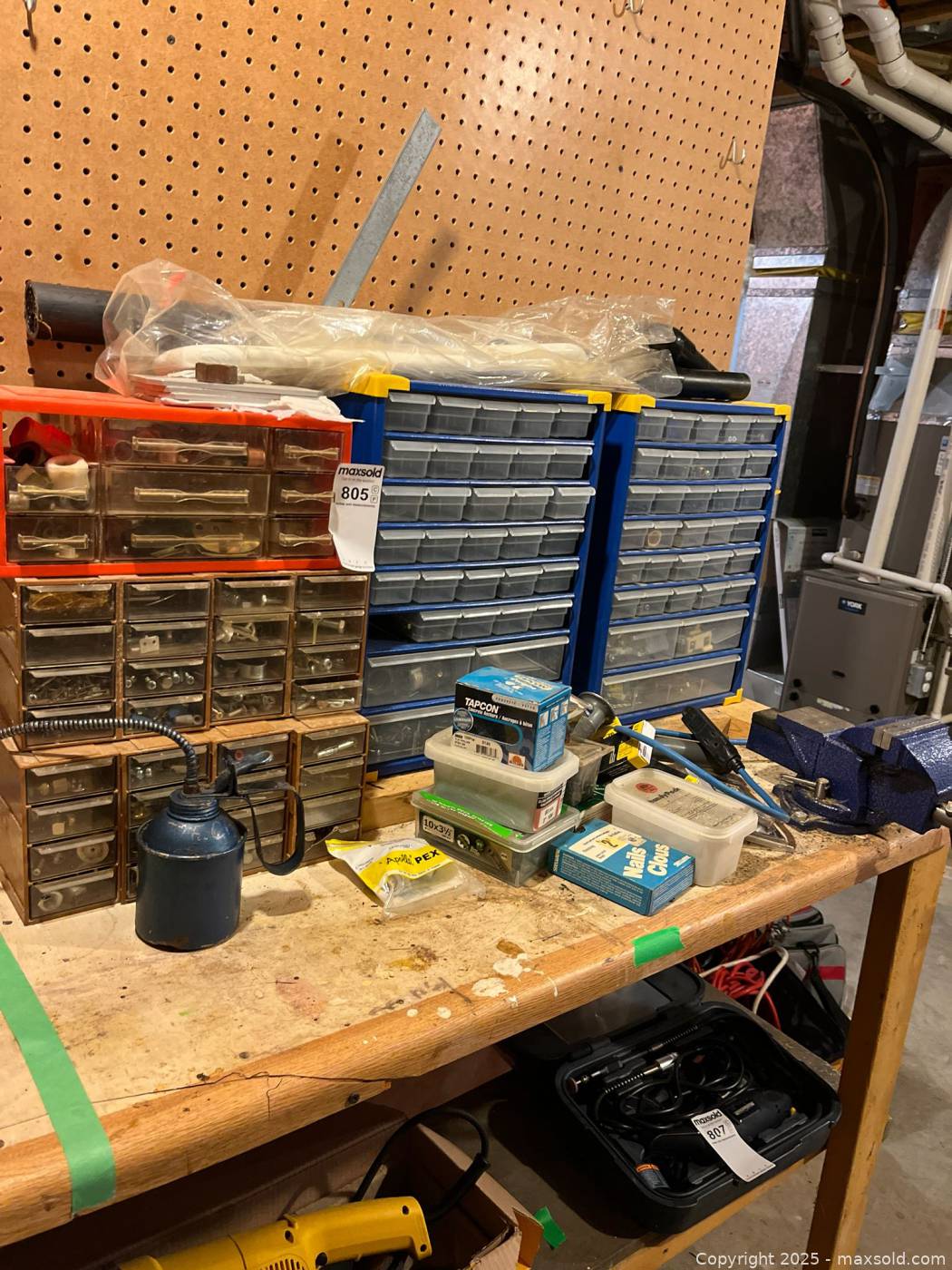 Hardware storage drawers and Mastercraft vise | Maxsold