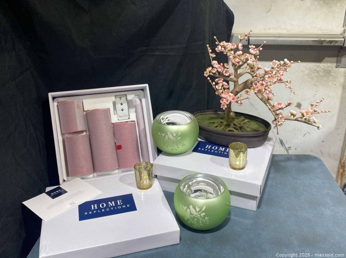 Home Reflections flameless candle sets, green bird bowls with lights, faux cherry blossom bonsai ...