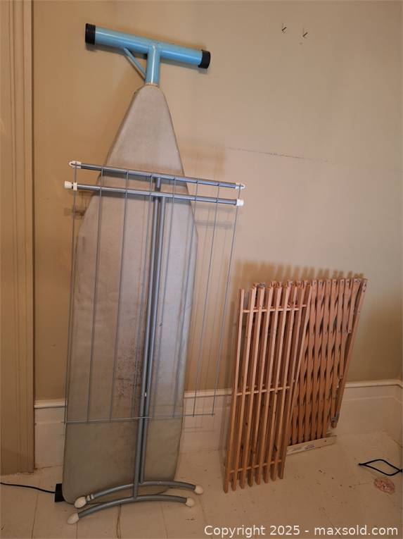 Ironing board with drying rack, wooden safety gates | Maxsold