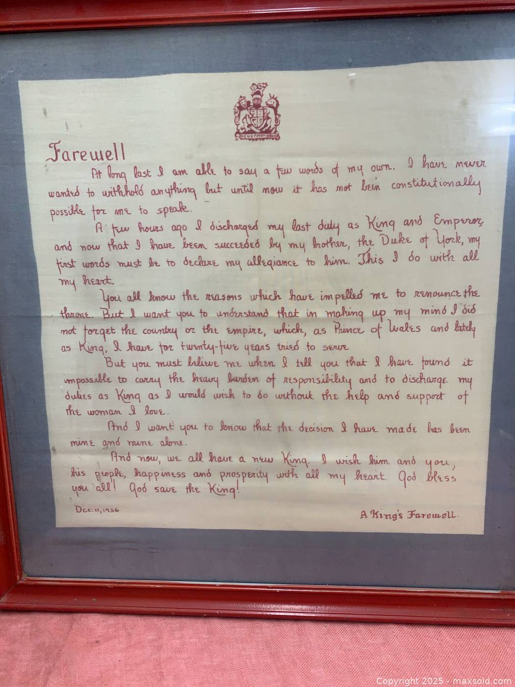 King Edward VIII Abdication Speech Framed | Maxsold