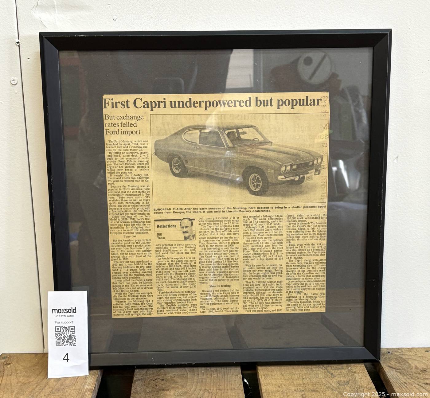 Framed original 1970 Ford Capri newspaper clipping | Maxsold