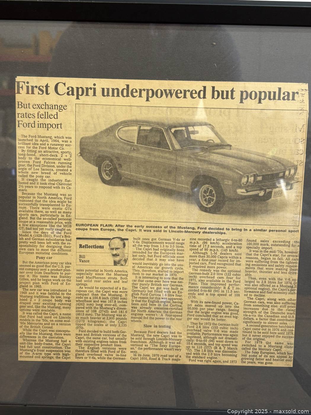 Framed original 1970 Ford Capri newspaper clipping | Maxsold