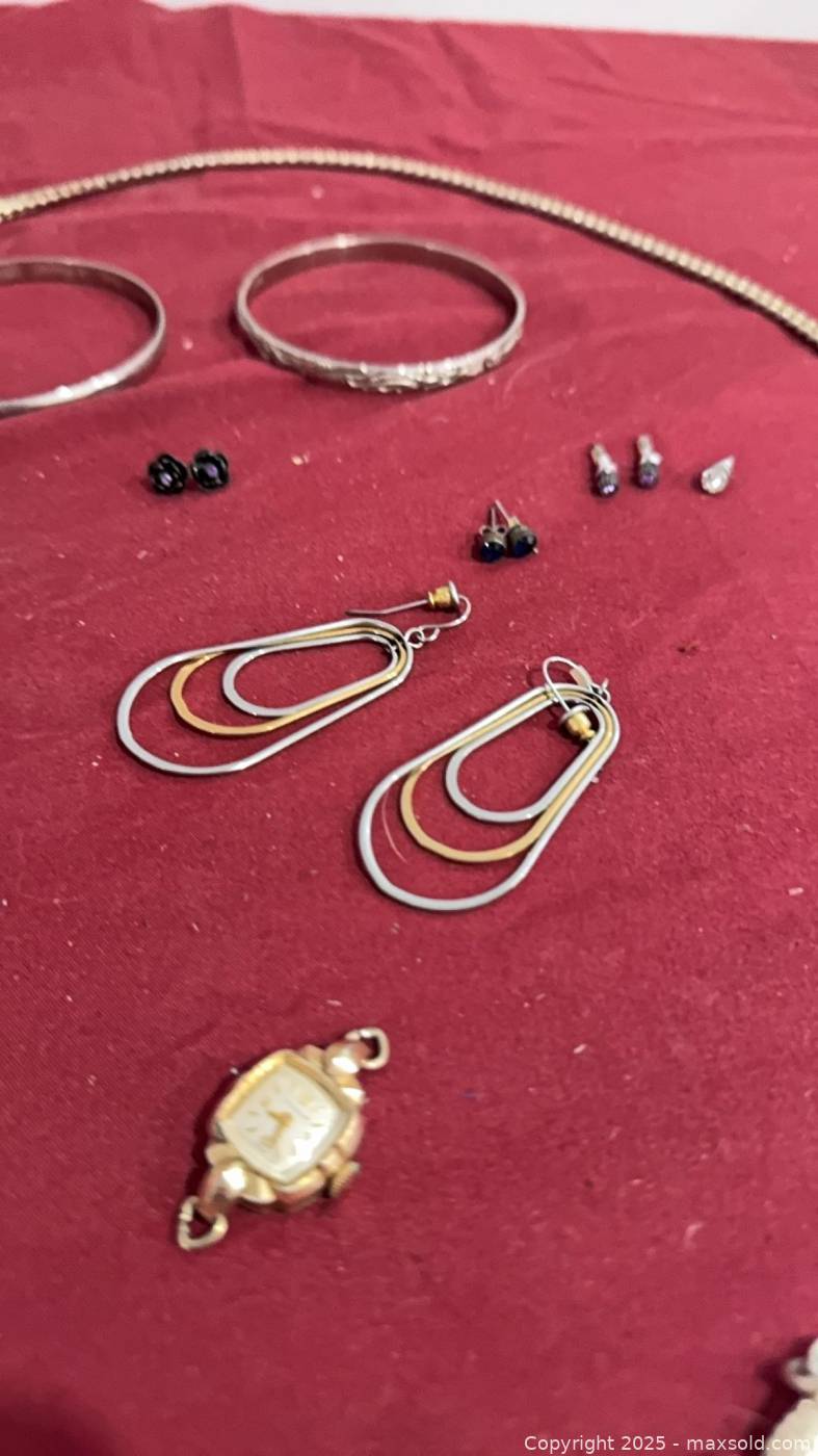Birks watch, Bulova watch head, snake chain necklace, 2 bangles, tri ...