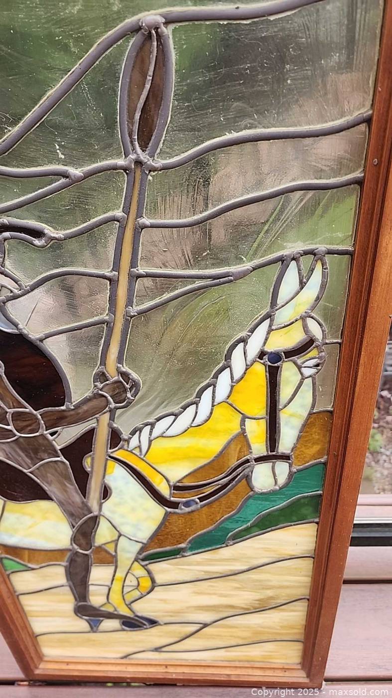 Framed stained glass man on horseback panel 17x25 | Maxsold