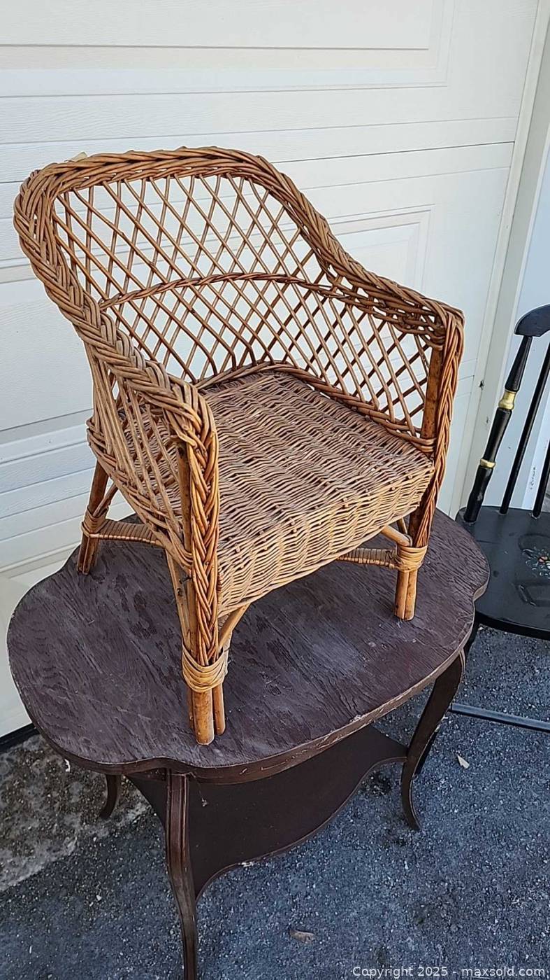 Wood tables, chair, wicker child chair, basket | Maxsold