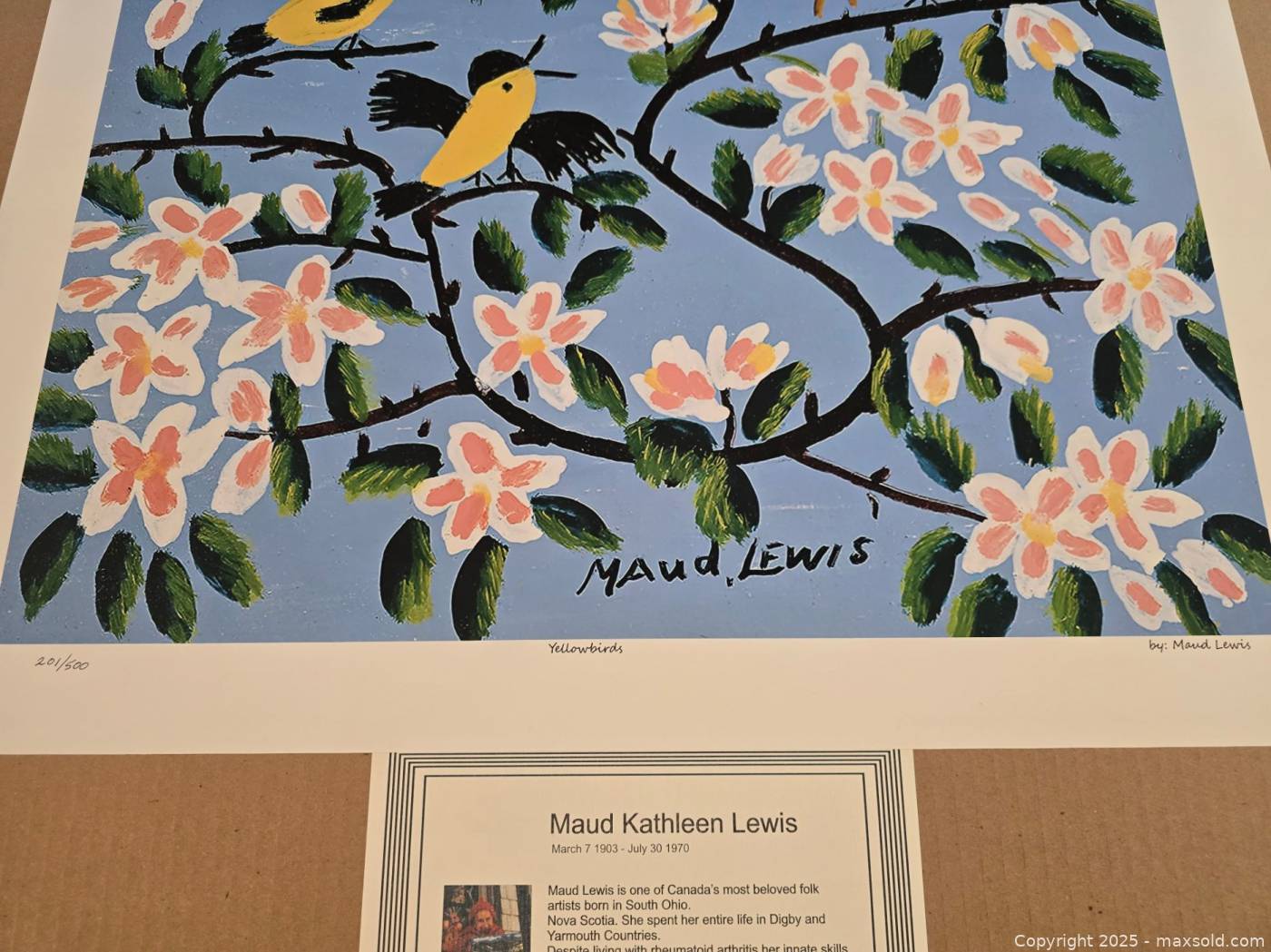 Maud Lewis numbered lithograph “Yellow Birds” 24x20 | Maxsold