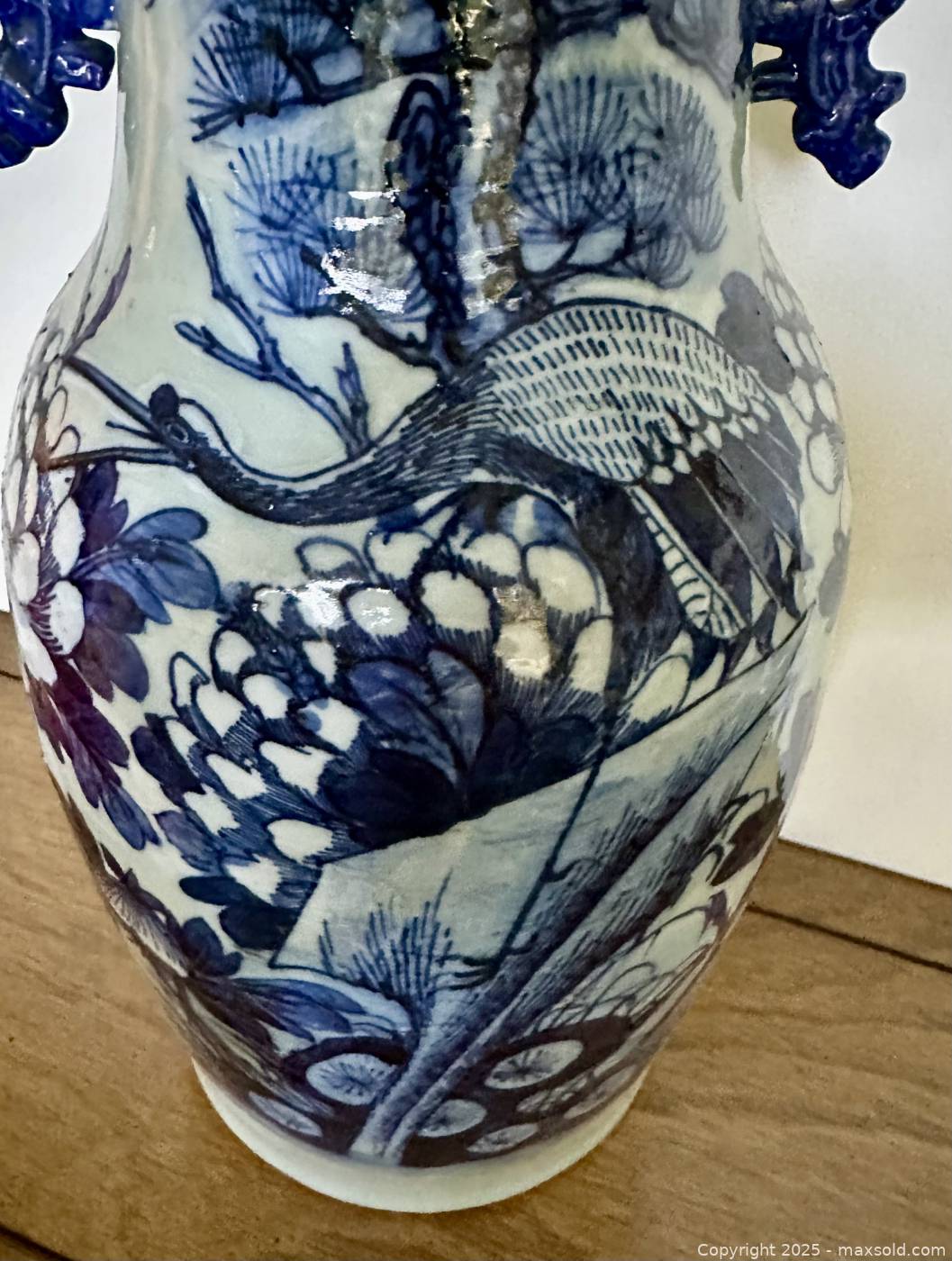 Tall Blue And Gray Crane Motif Vase | Maxsold