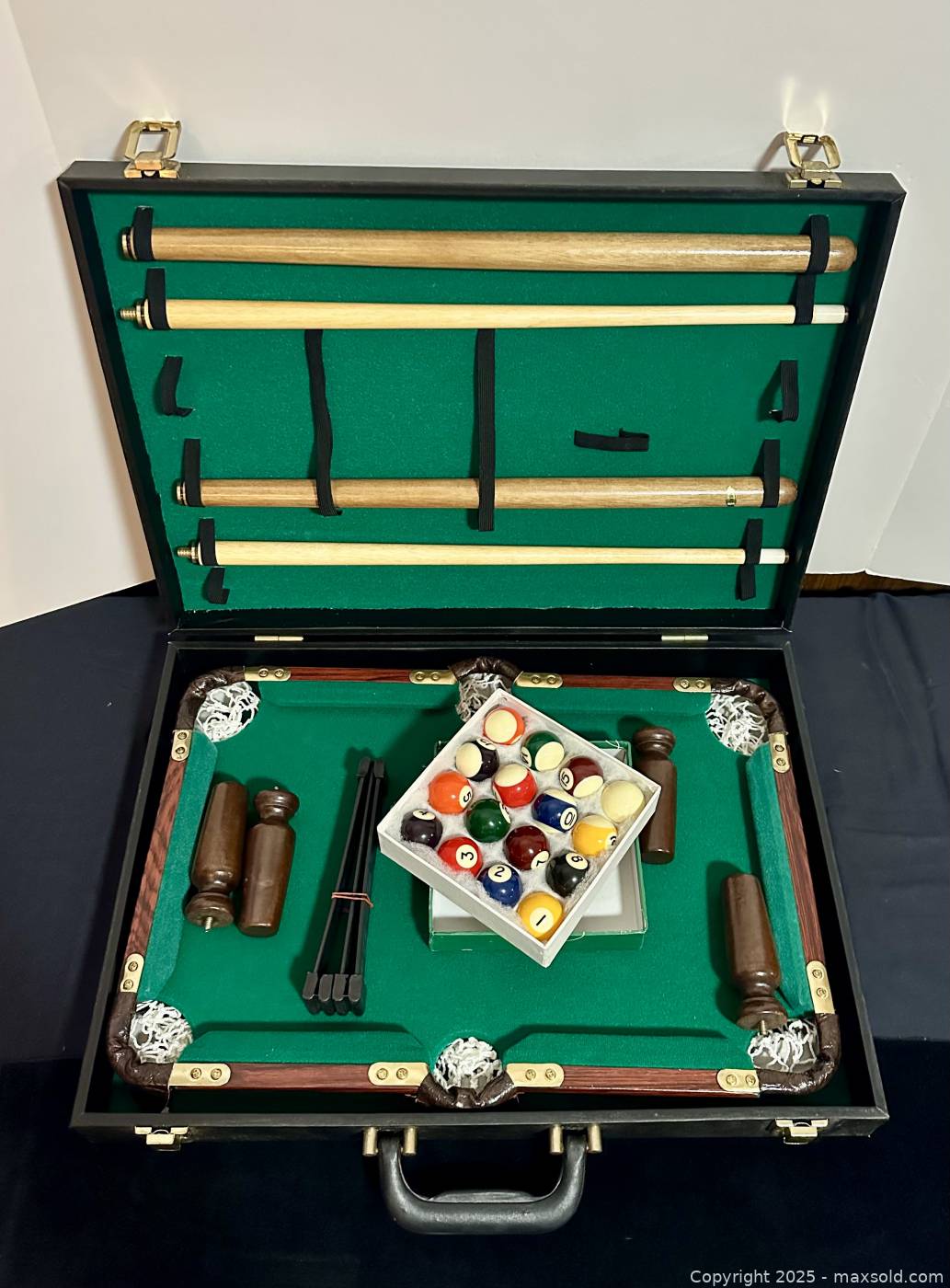 Portable briefcase miniature pool table set | Maxsold