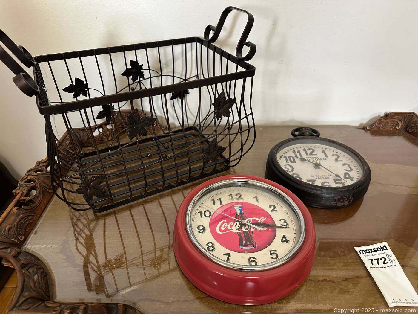 Coca-Cola Wall Clock, Black Wall Clock, Wrought Iron Basket | Maxsold