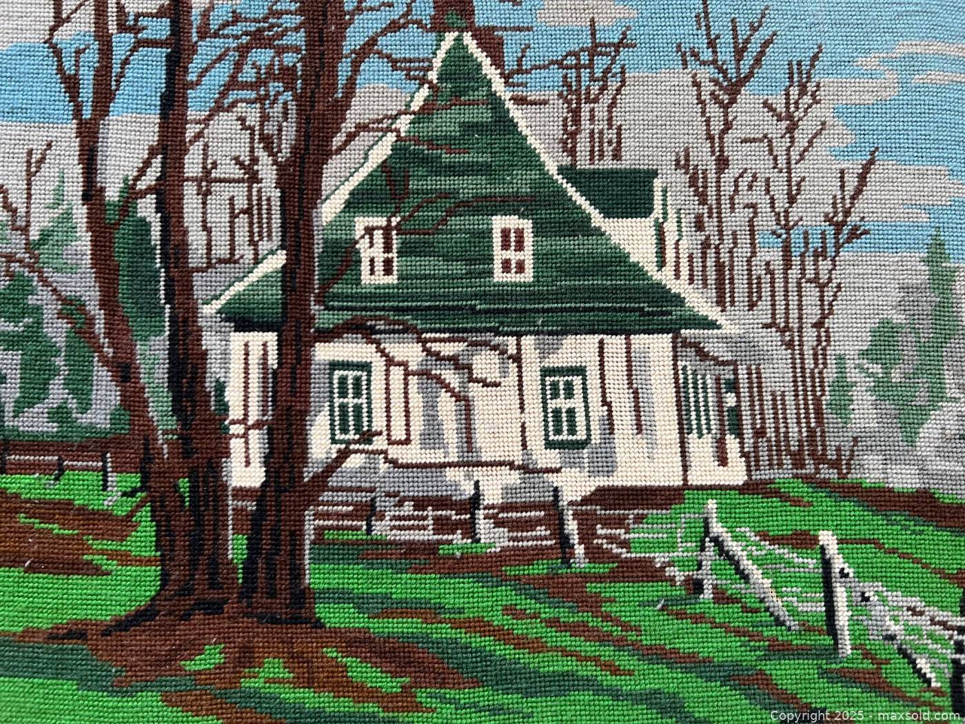 Pair of framed hand-stitched needlepoint house scenes | Maxsold