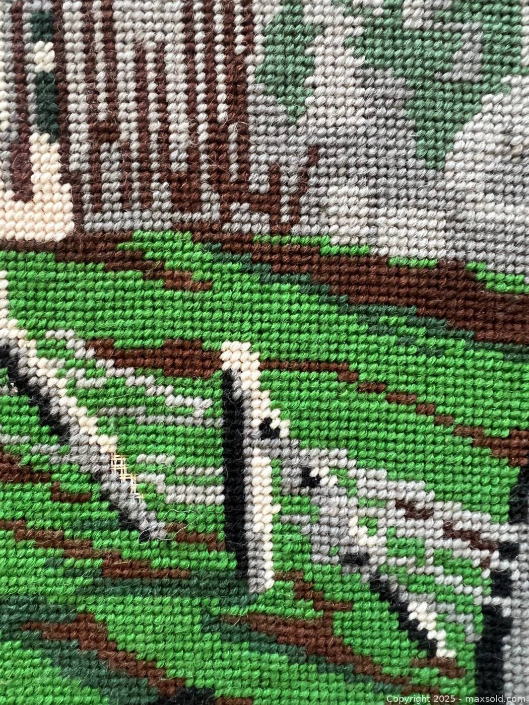 Pair of framed hand-stitched needlepoint house scenes | Maxsold