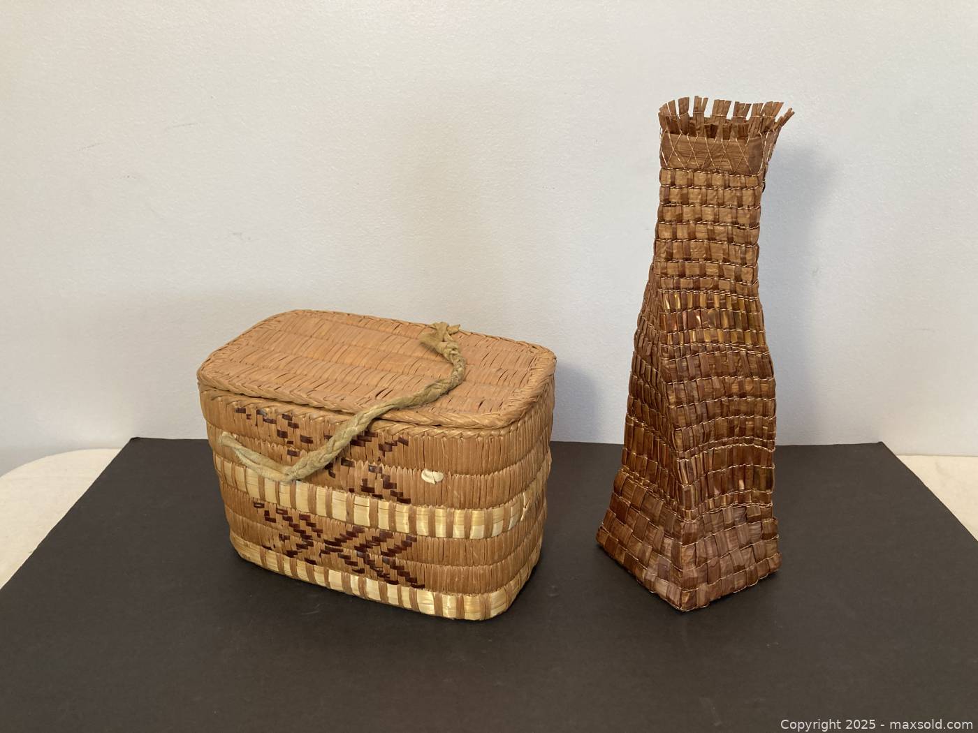 Salish cedar root lidded basket & cedar-copper basket | Maxsold