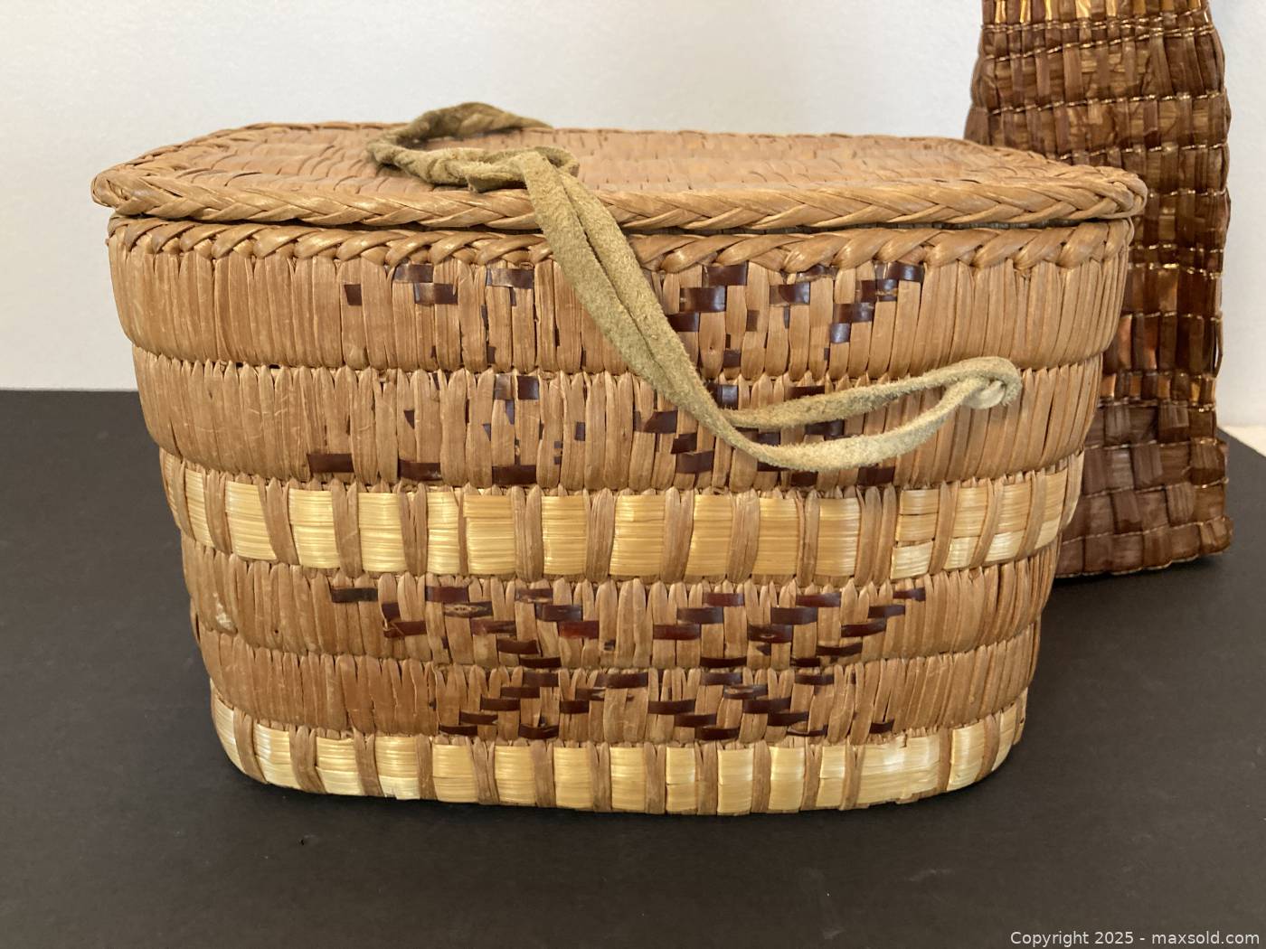 Salish cedar root lidded basket & cedar-copper basket | Maxsold