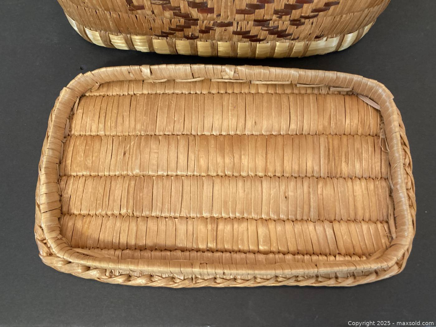 Salish cedar root lidded basket & cedar-copper basket | Maxsold