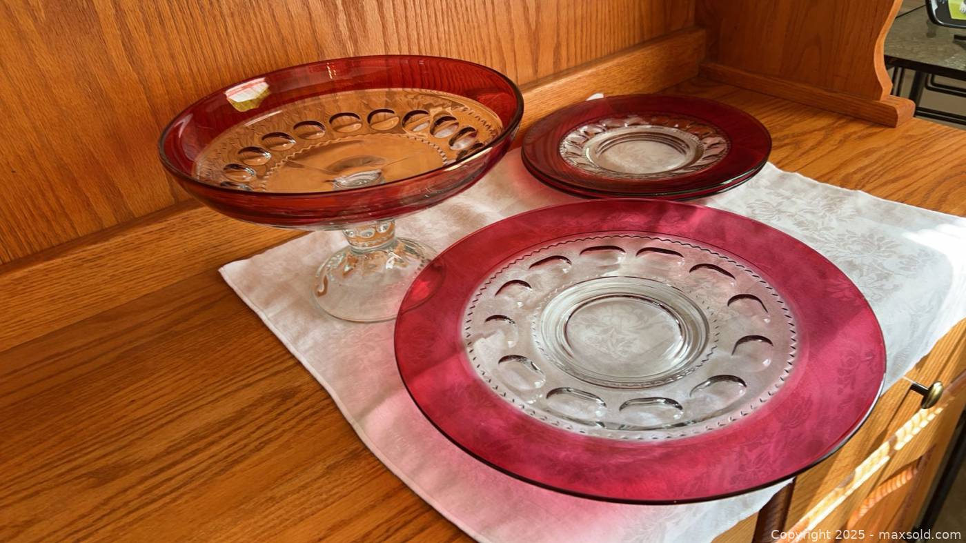 Ruby-Flashed Thumbprint Glass Compote & Plates | Maxsold