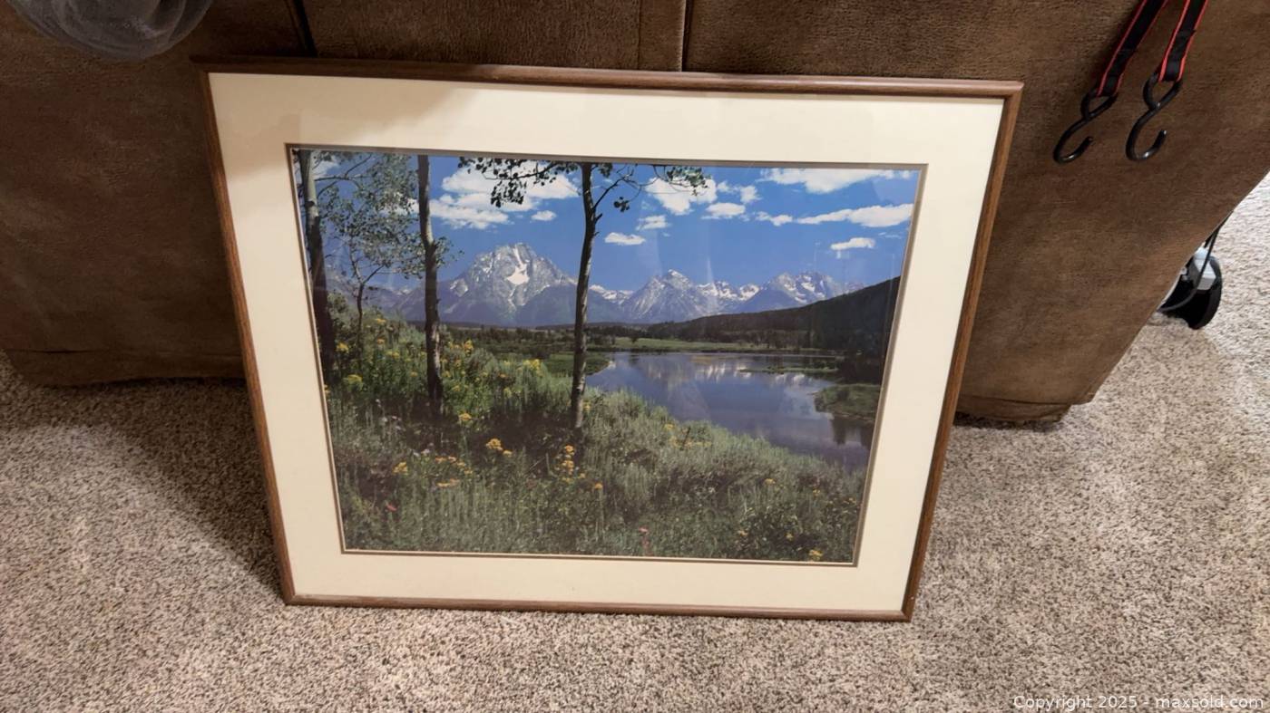Framed mountain lake landscape print 36x29 in | Maxsold
