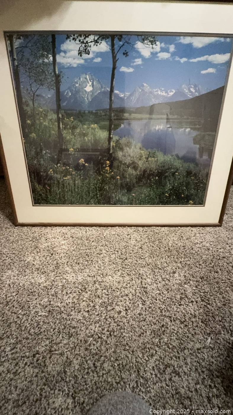 Framed mountain lake landscape print 36x29 in | Maxsold