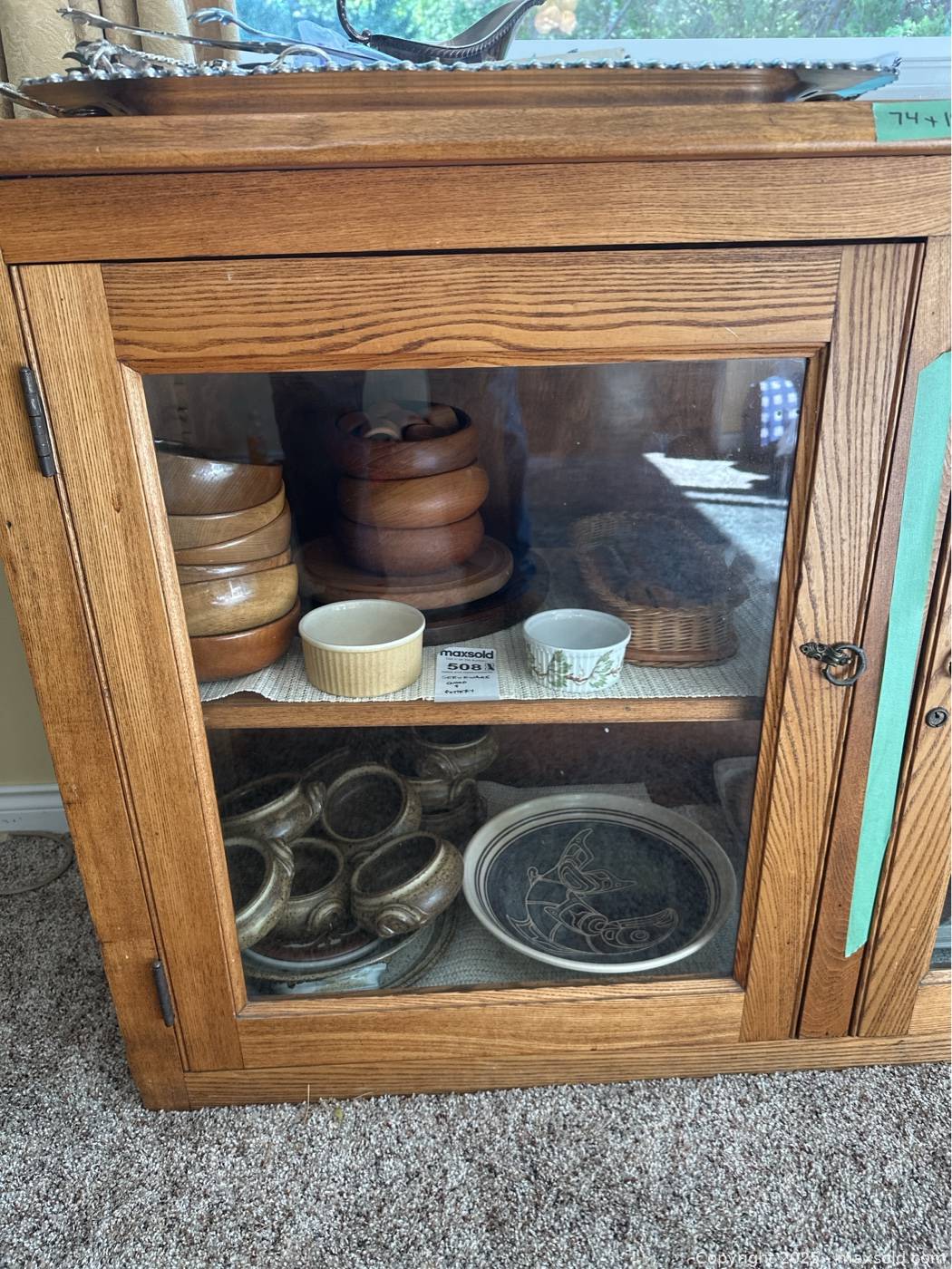Wooden glass display hutch 74" x 18" x 31" | Maxsold