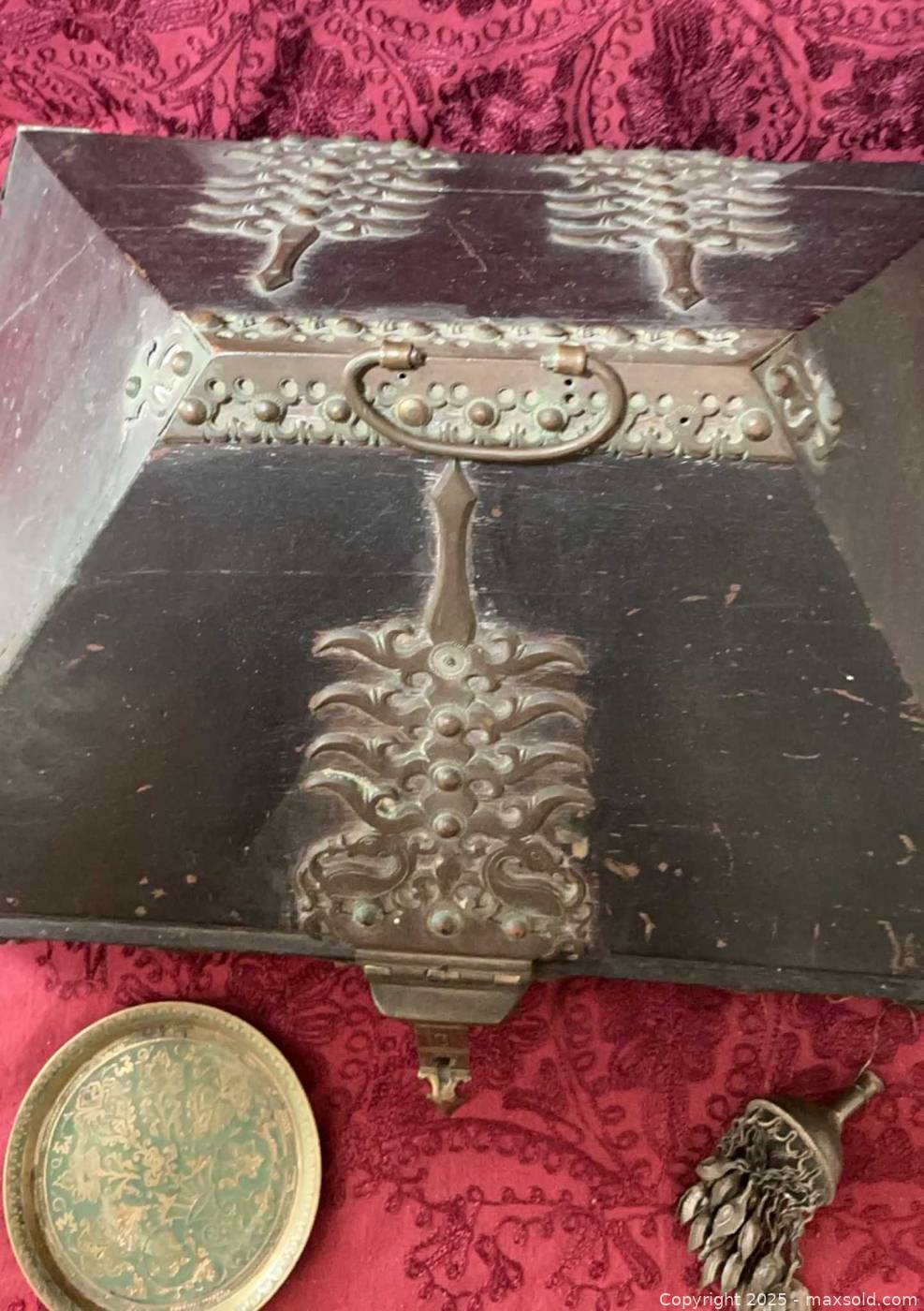 Pyramid wood box, silver flask, cloisonné boxes, brass plate, chime ...