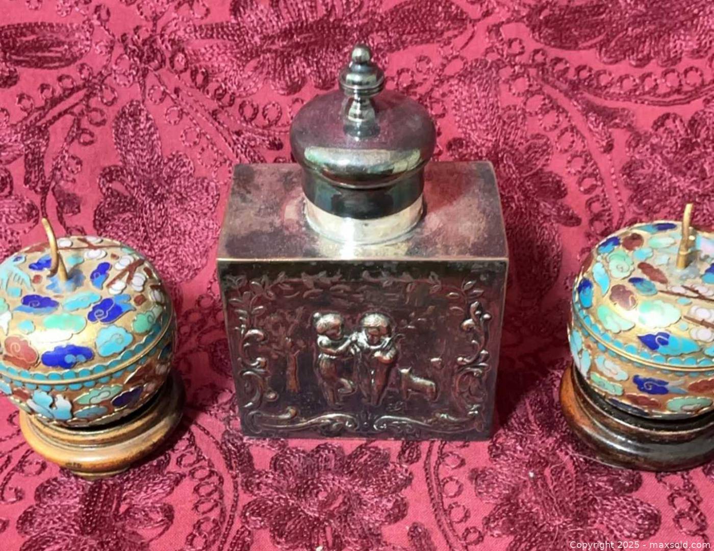 Pyramid wood box, silver flask, cloisonné boxes, brass plate, chime ...