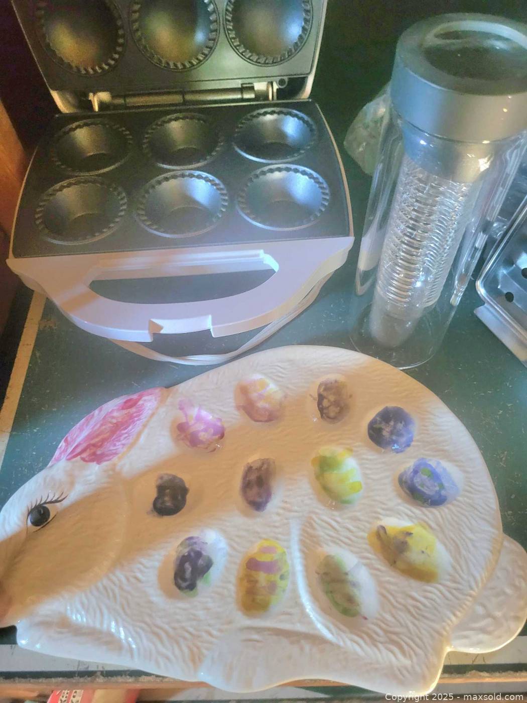 Electric mini pie maker, Mr. Coffee iced tea pot, deviled egg tray ...