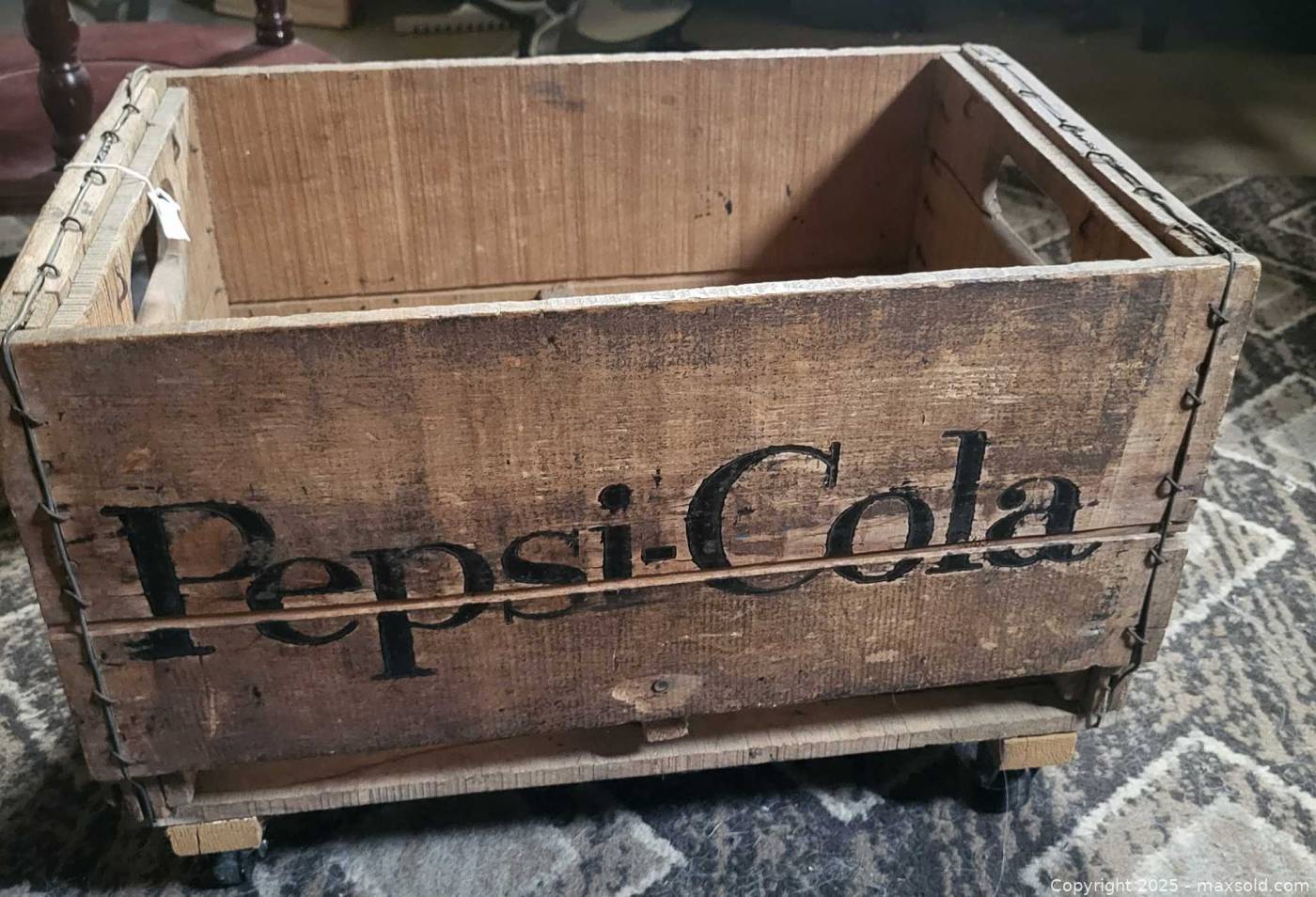 Pepsi-Cola wooden crate on casters with 6 glass soda bottles | Maxsold