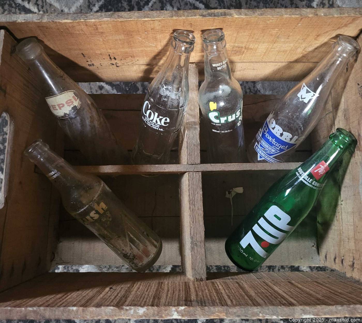 Pepsi-Cola wooden crate on casters with 6 glass soda bottles | Maxsold