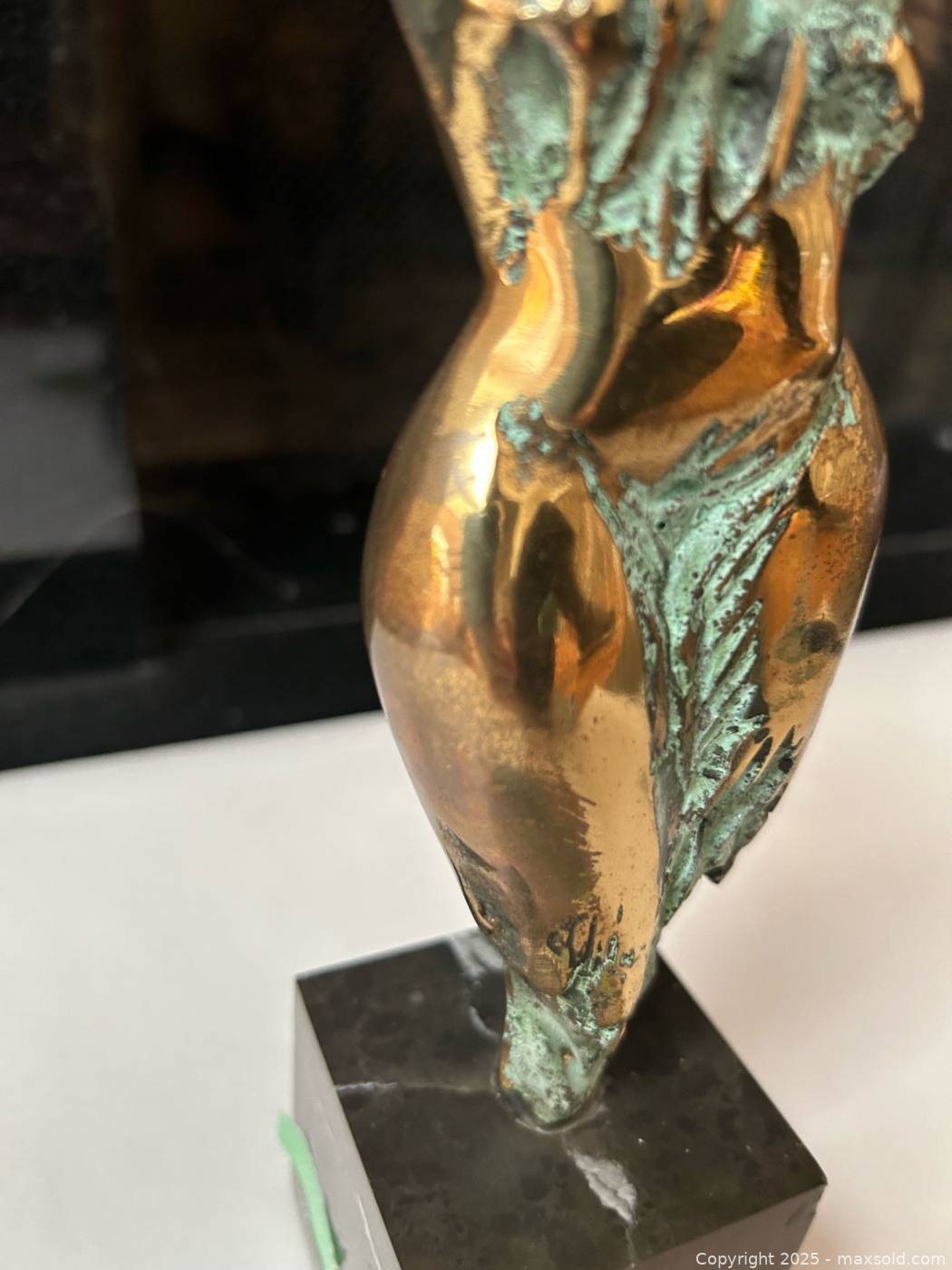 Abstract female torso bronze sculpture on signed bronze, cracked marble ...