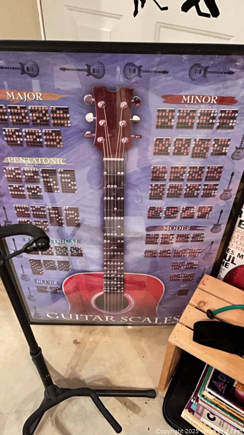 Music posters, guitar stand, DVD players, books | Maxsold