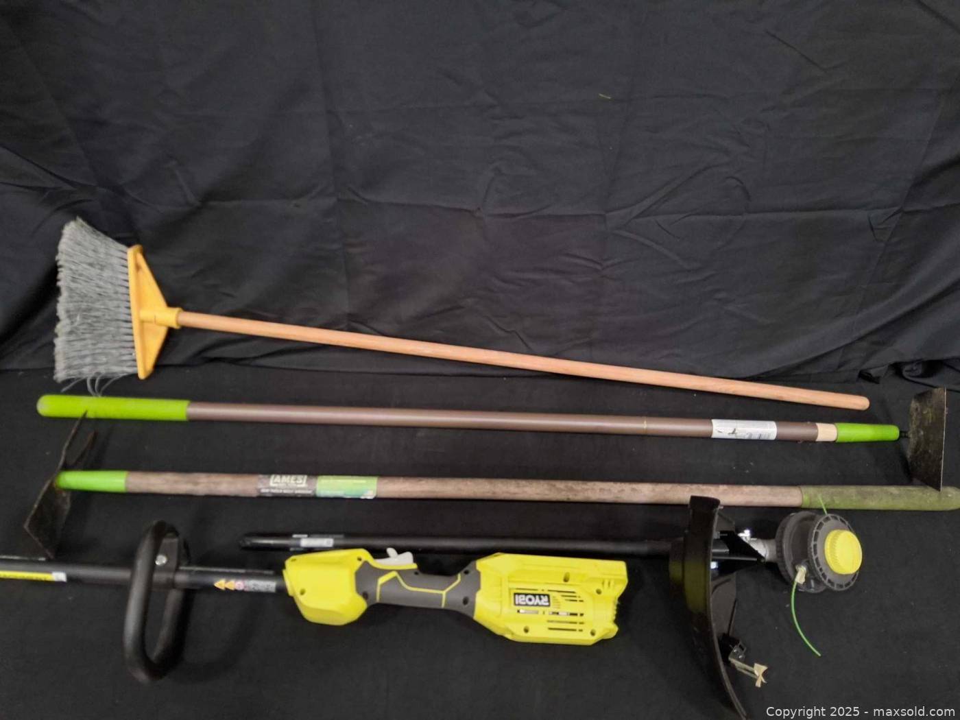 Ryobi cordless string trimmer with three long-handled yard tools | Maxsold