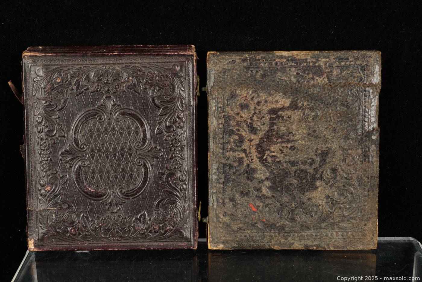 Ambrotype with two mismatched half cases and two small card photographs ...