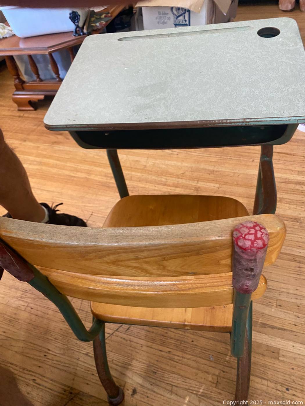 Child's wood & metal school desk with map placemats | Maxsold