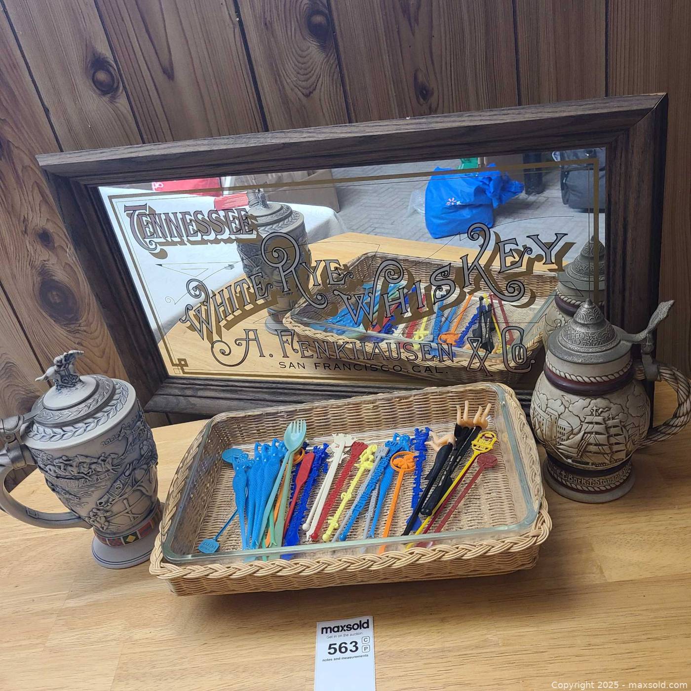 Bar sign, steins, Pyrex dish, swizzle sticks | Maxsold