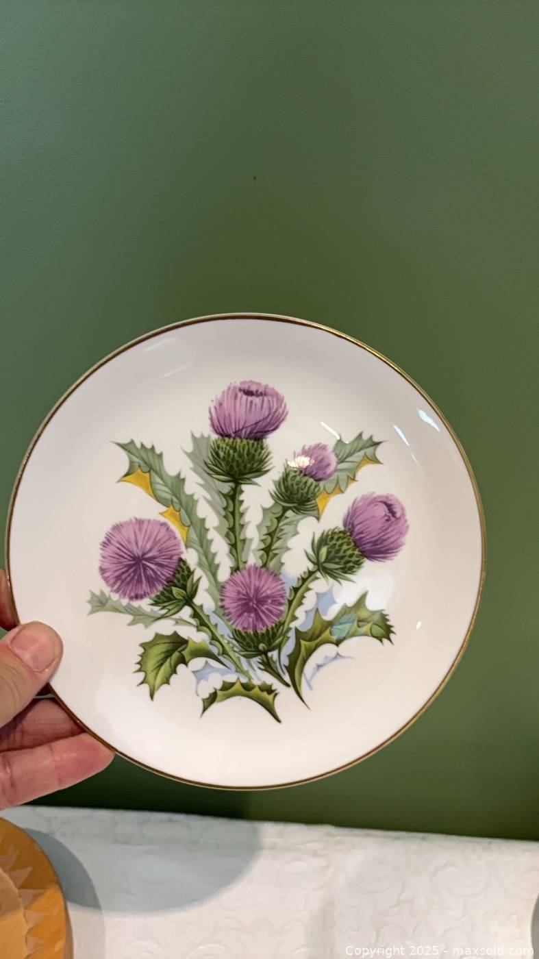 Scottish Thistle bone china plates, bowl, cup, carved wood plate ...