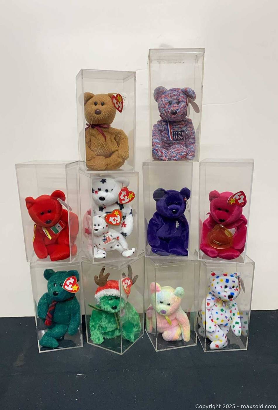 10 TY Beanie Baby collectible bears in display cases | Maxsold