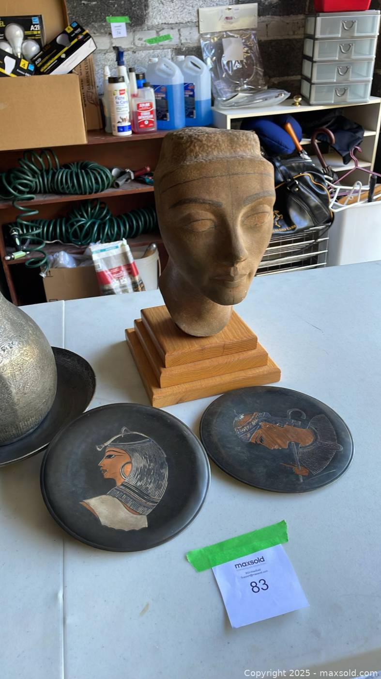 Egyptian Revival decor bust, plaques, lidded urn | Maxsold