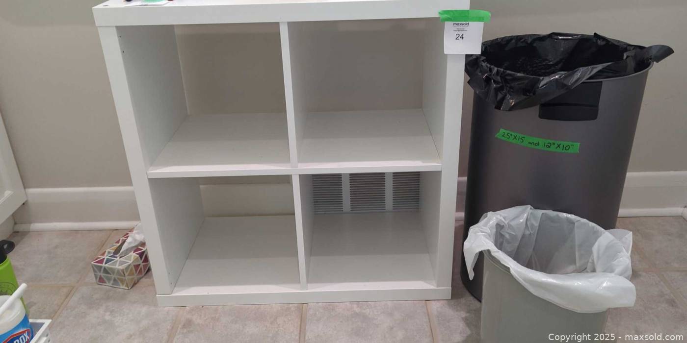 White 4-Cube Shelf And Two Gray Trash Cans | Maxsold