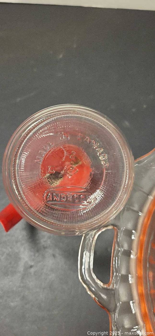 Vintage Androck syrup dispenser, clear bottle, pink depression glass ...