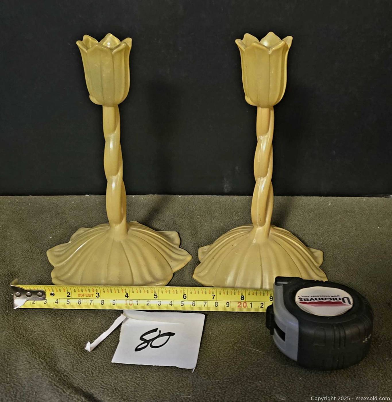 Pair Vintage 9" Frosted Yellow Tulip Glass Candlesticks | Maxsold